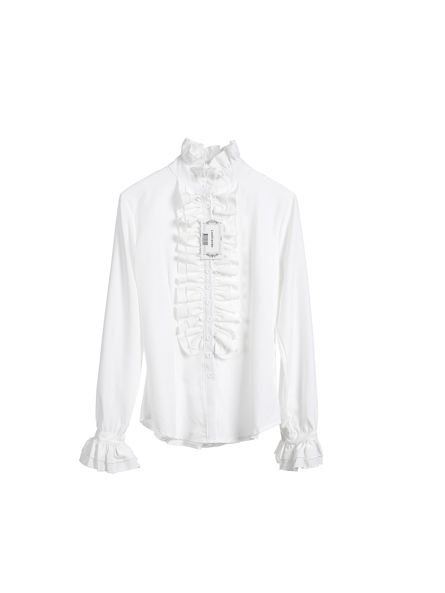 JBEELATE Women White Shirt High Neck Frilly Ruffle Cuffs Shirts Office ...