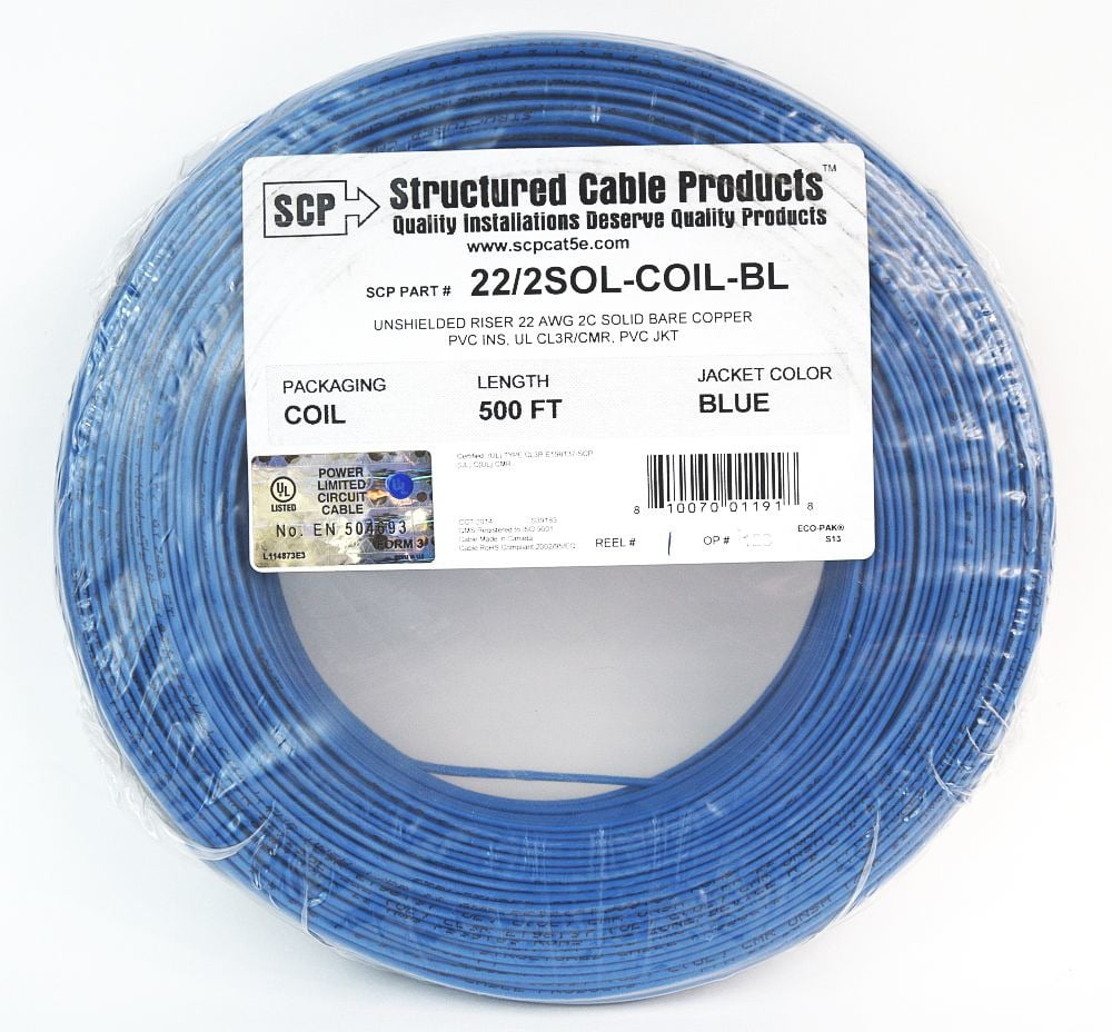 Alarm Wire Blue 22 Gauge Copper Solid 2 Conductor 500' Coil Pack UL ...
