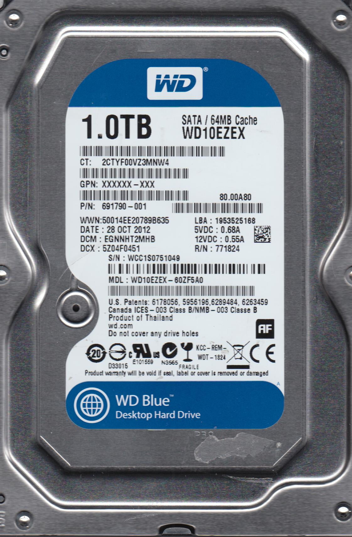 WD10EZEX-60ZF5A0, DCM EGNNHT2MHB, Western Digital 1TB SATA 3.5 Hard ...