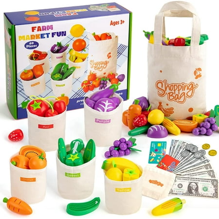 Wooden Farmers Market Color Sorting Toys, Pretend Play Food Set, Fruit ...