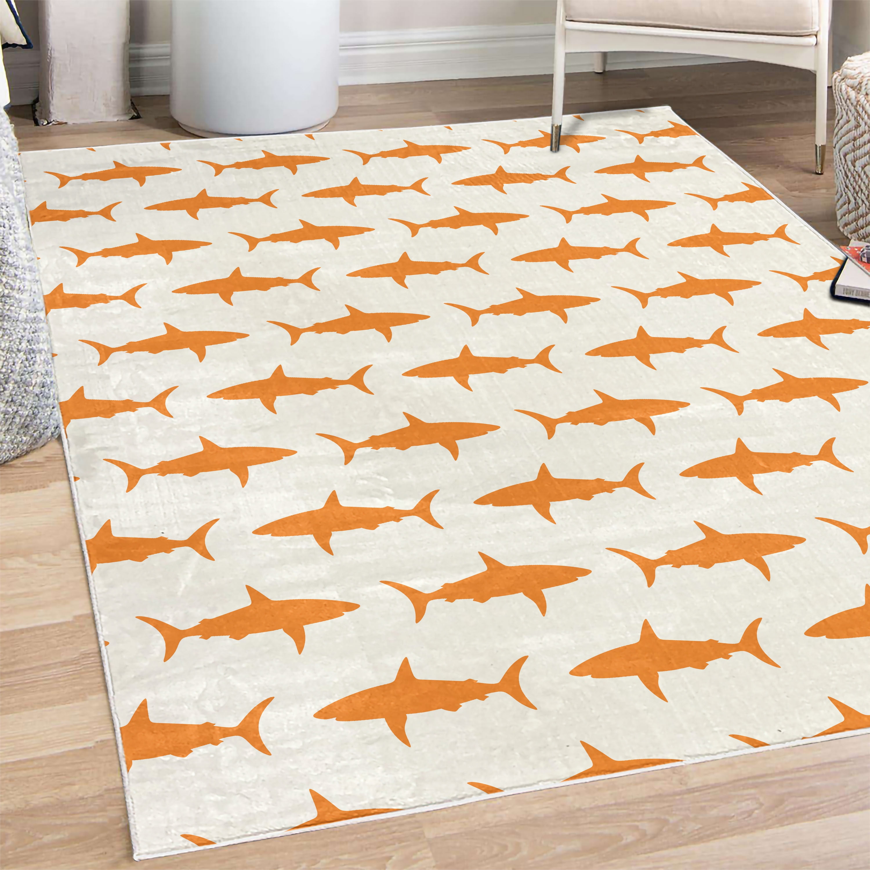 Sea Animals Decorative Rug, Sharks Swimming Horizontal Silhouettes ...