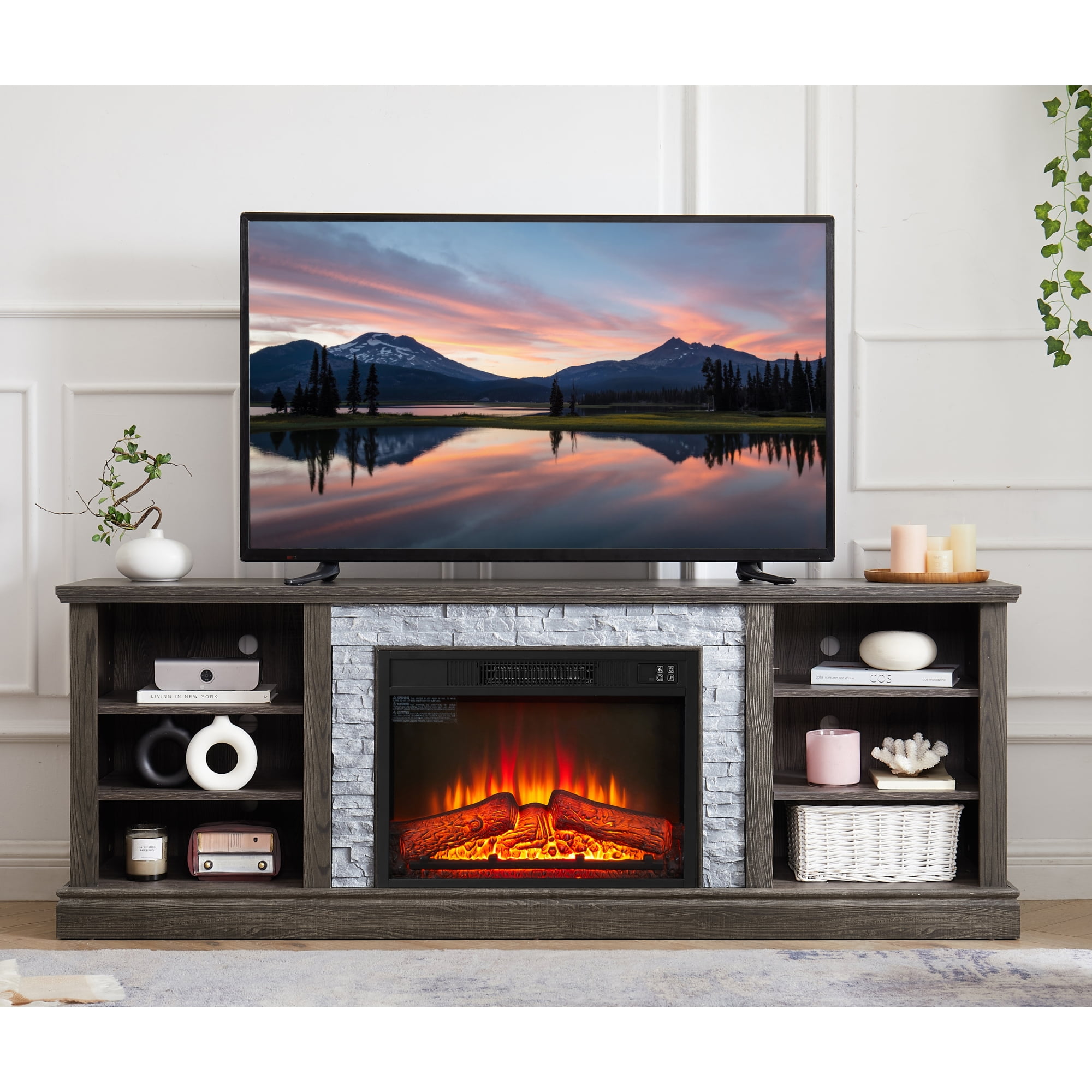 ChimneyFree Walker 60 Cherry Electric Fireplace TV Stand with Infrared Heater Entertainment Center