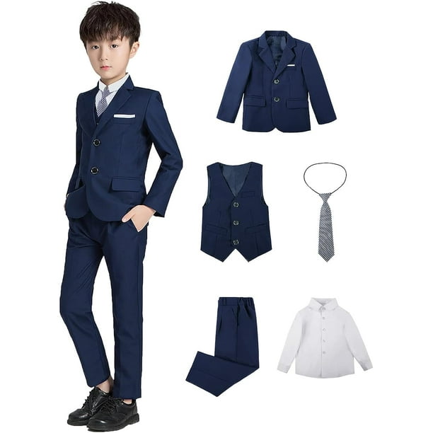 (Blue24T)Boys Formal Suit Set 5 Piece Slim Fit Black Suit with Shirt ...