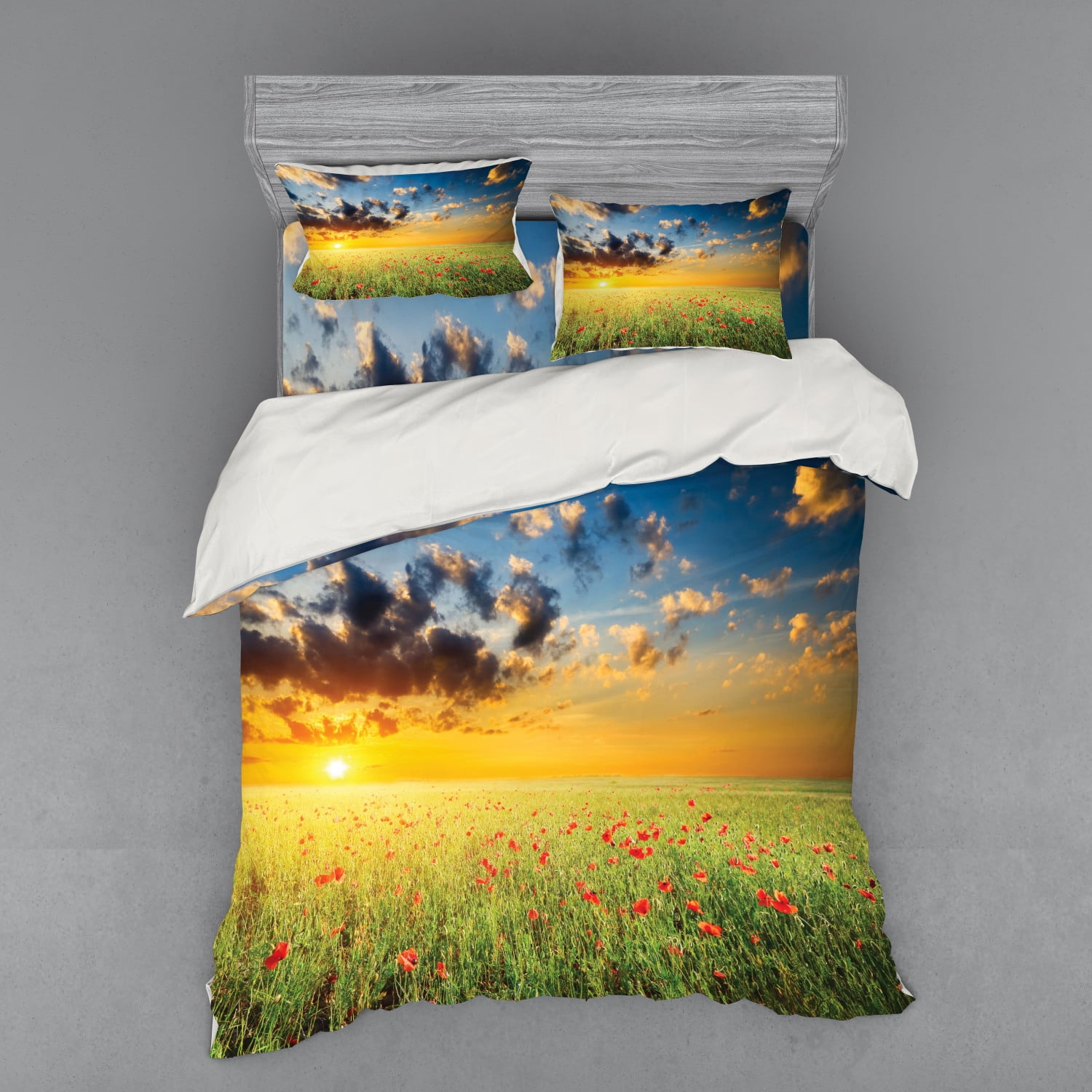 Ambesonne Nature Bedding Set 4 Pcs, Sunset at Meadow Poppy, Queen, Red ...