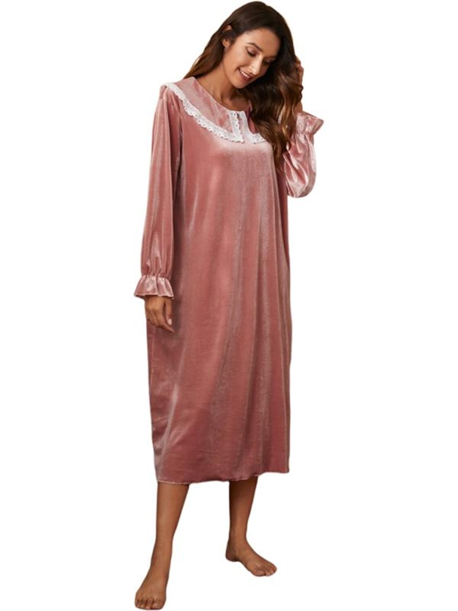 Long Sleeve Nightgown Women's Round Neck Sleepwear Long Nightshirt Full ...