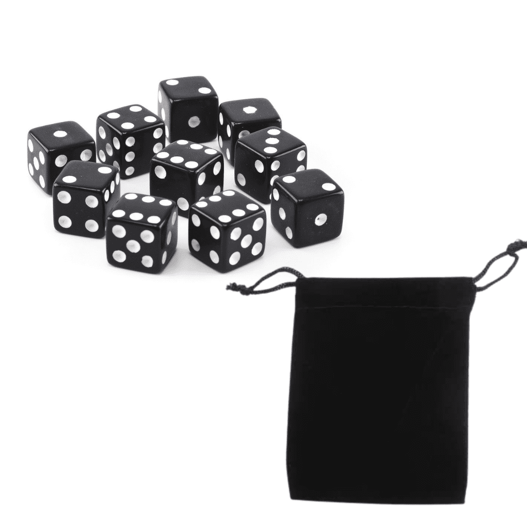 Set of 10 Six Sided Square Opaque 16mm D6 Dice - Black with White Pip ...