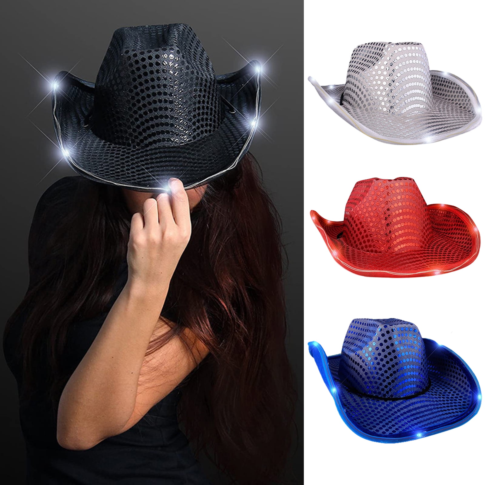 Yirtree Western Sequin Fedora Hat Glitter Sequin Hat Solid Color Dance ...