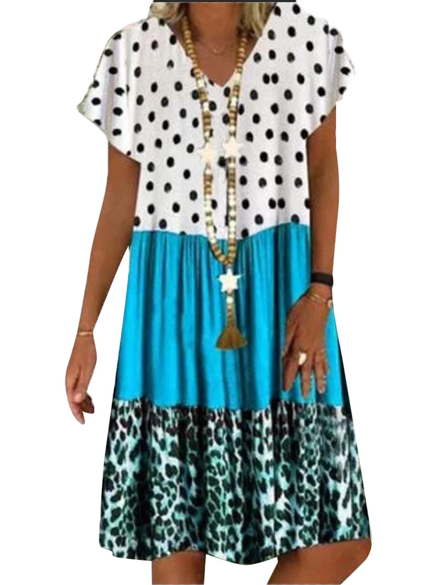 PMIYS Women's Summer Polka Dot Colorblock Short Sleeve Midi Dresses ...