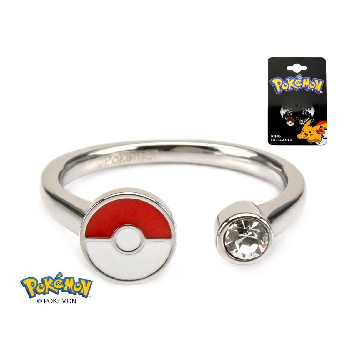 Pokemon Pokeball Red/White Stainless Steel Women's Ring w/ Gem, Size 6 ...