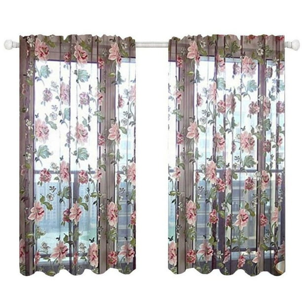 SJENERT 2 Pieces Floral Sheer Curtains Rod Pocket Voile Tulle Window ...