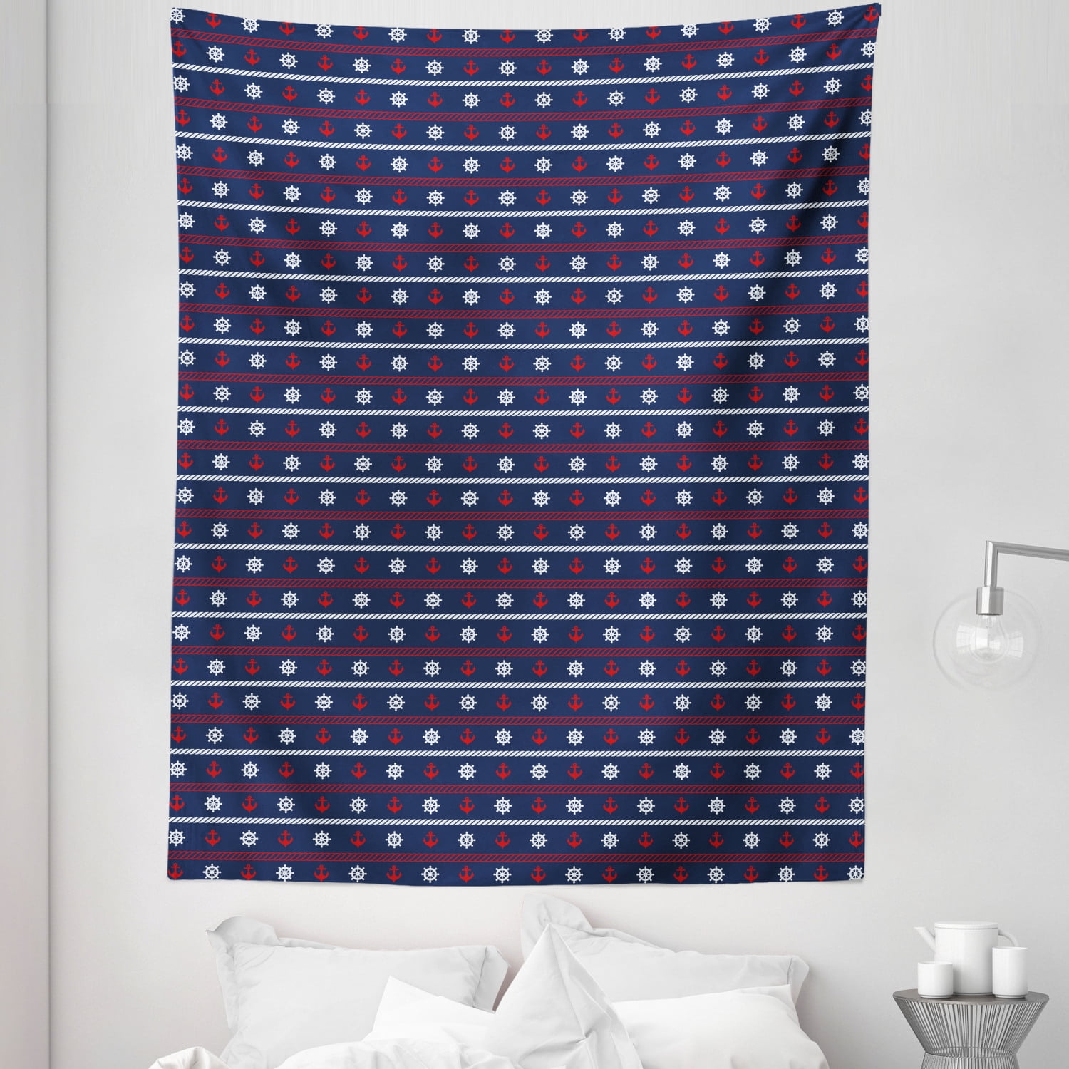 Navy Blue Tapestry, Horizontal Borders with Nautical Elements Marine ...