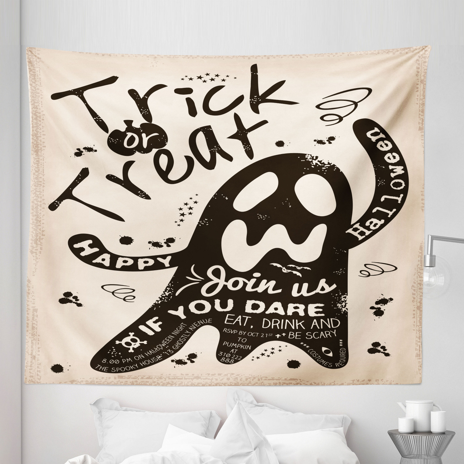 Ghost Tapestry, Halloween Trick or Treat Ghost Illustration with Grunge ...