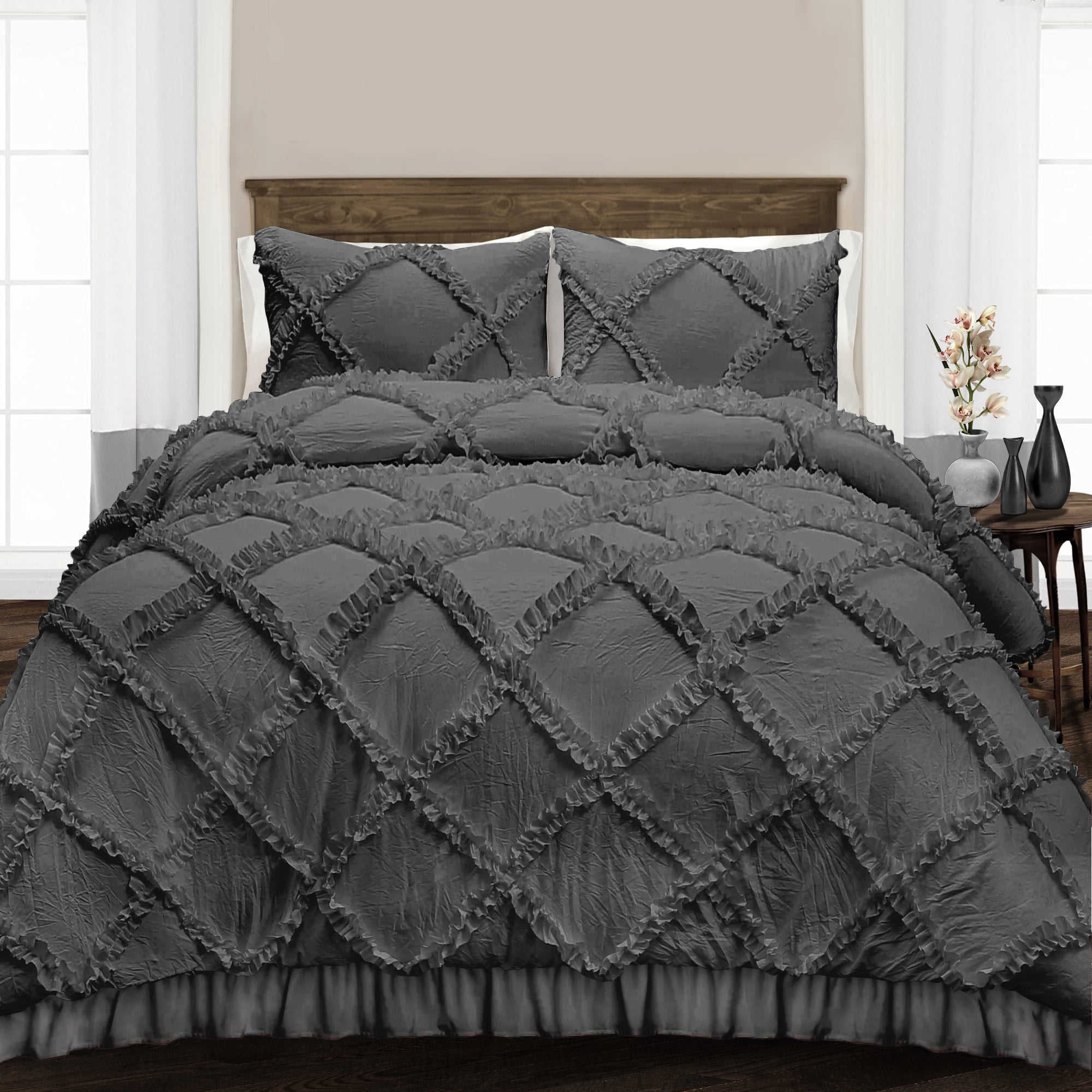 Dee's Collection Luxurious Dark Grey Diamond Ruffle Comforter Set Full ...