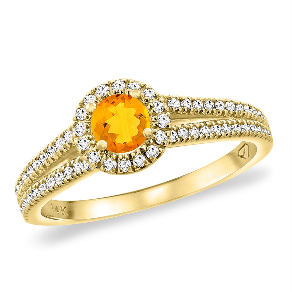 14K Yellow Gold Natural Citrine Split Shank Diamond Halo Engagement ...