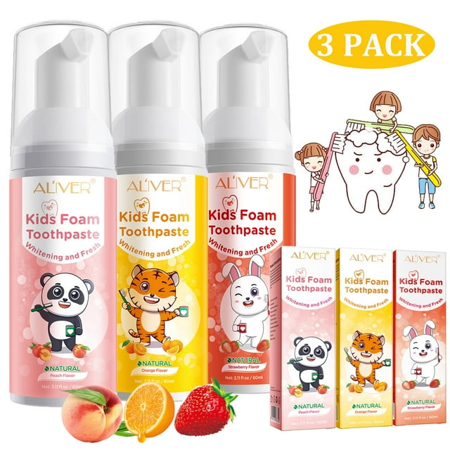 Aliver 3 Pack Kids Foam Toothpaste Fruit Flavor, Mild Foaming Low Fluoride Toothpaste Mouthwash ...