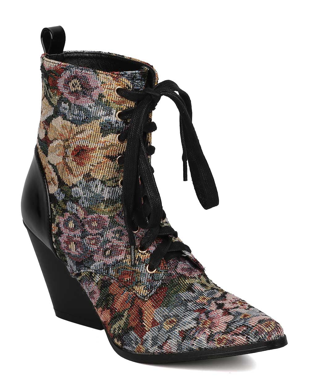 Women Floral Block Heel Bootie - Pointy Toe Bootie - Lace Up Bootie ...