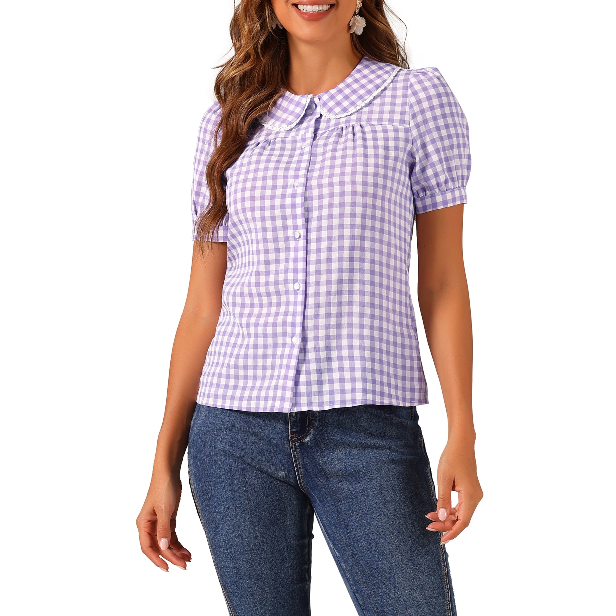 Click here for Inspire Chic Womens Plaid Blouse Puff Short Sleeve... prices