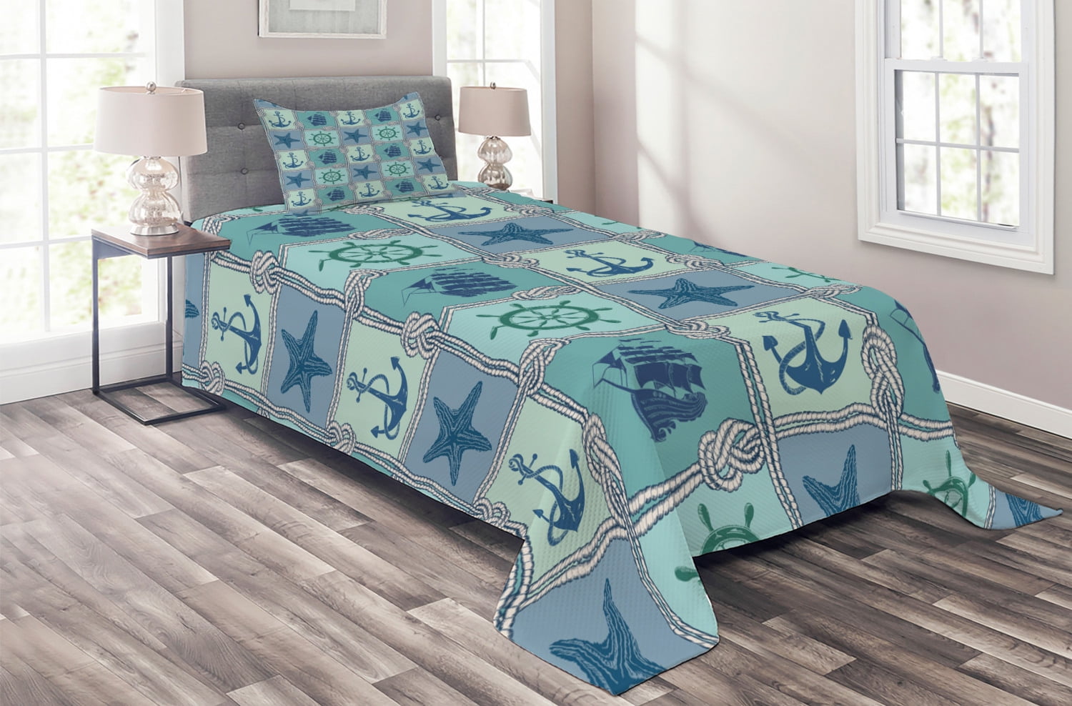 Ships Wheel Coverlet Set Twin Size, Nautical Patchwork Pattern with ...