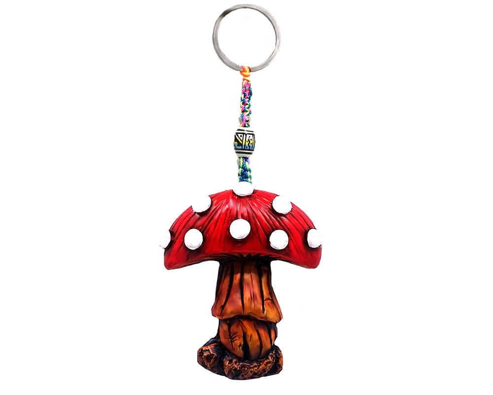 Mushroom Toadstool 3D Figurine Keychain Multicolored Macramé Metal Ring ...