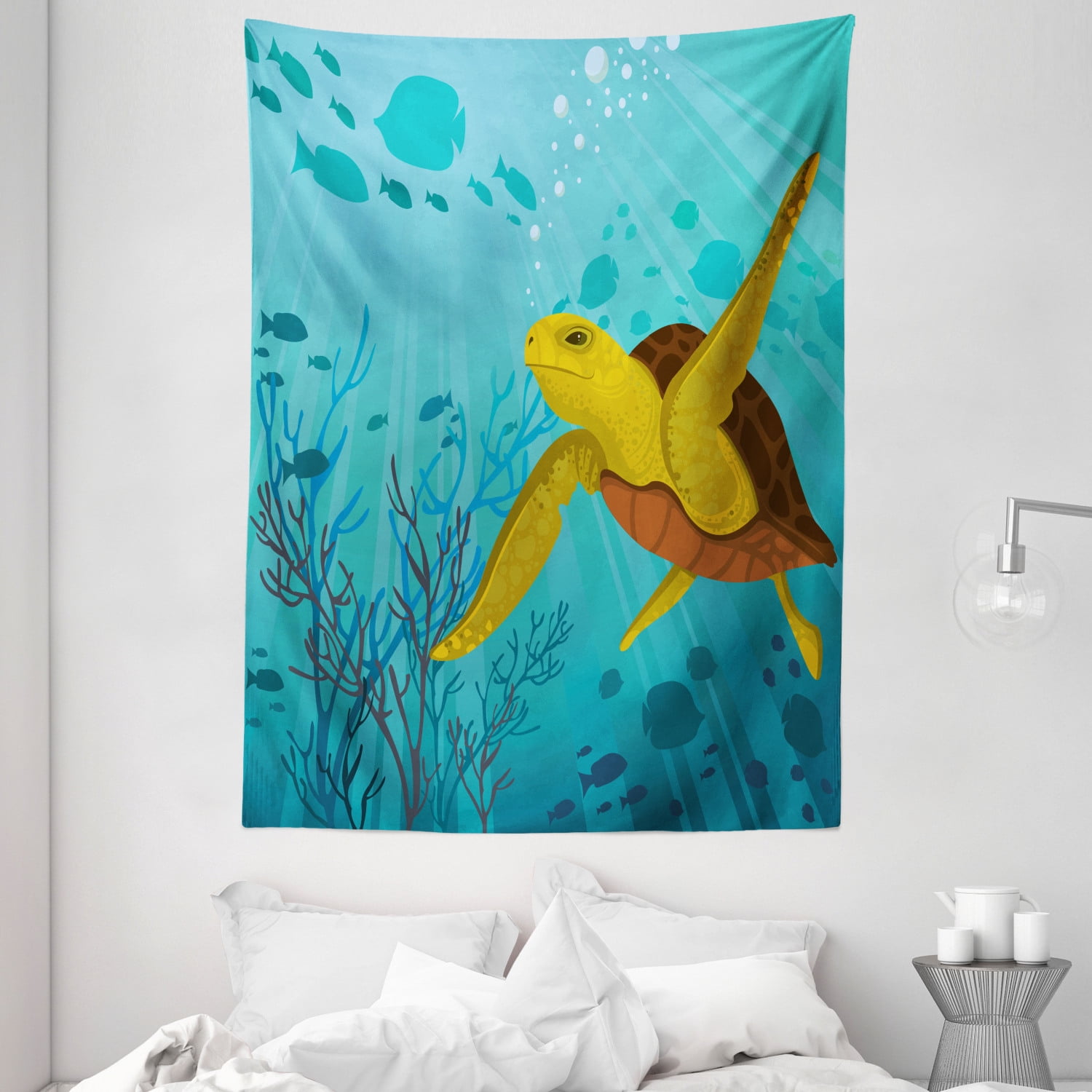 Turtle Tapestry, Cartoon Cute Animal Under the Sea Silhouettes of Fish ...