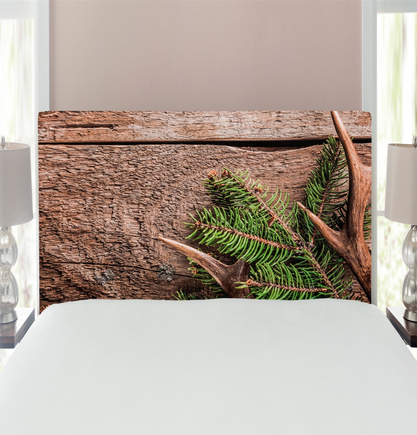 Antlers Headboard, Evergreen Branch Deer Antler Against Rustic Wooden ...