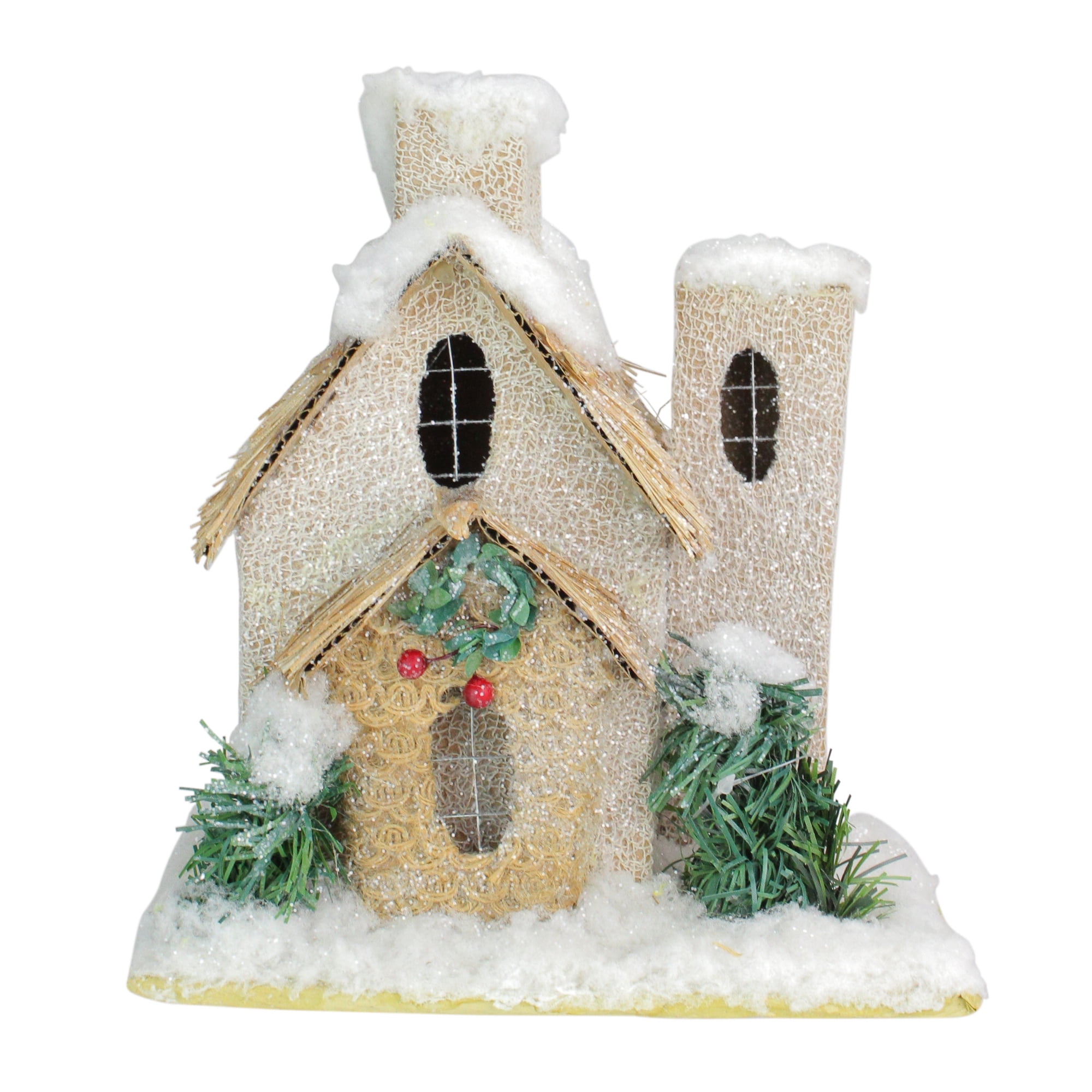 9.25" White and Beige Snow Covered House with Shrubs Christmas Tabletop ...