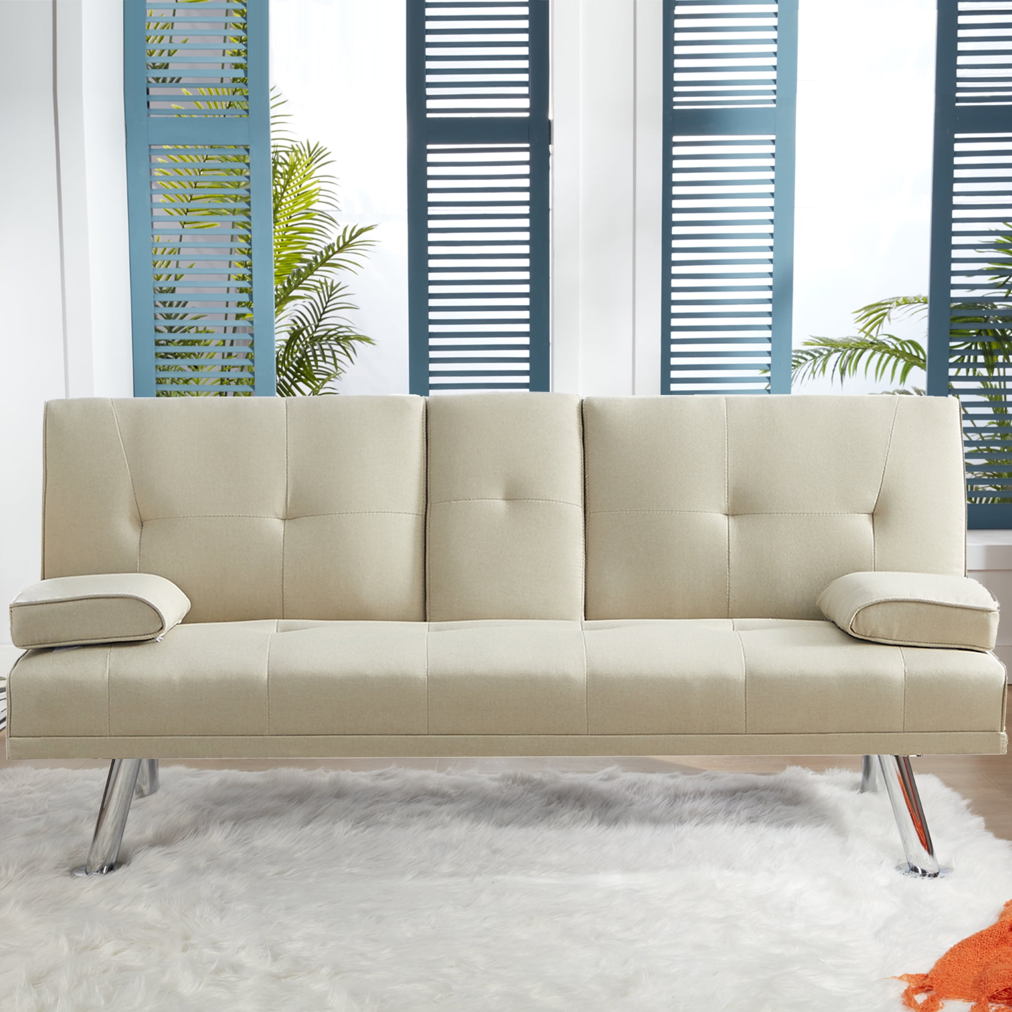 65" Upholstered Folding Futon Sofa Bed Modern Convertible Couch 2 Cup ...