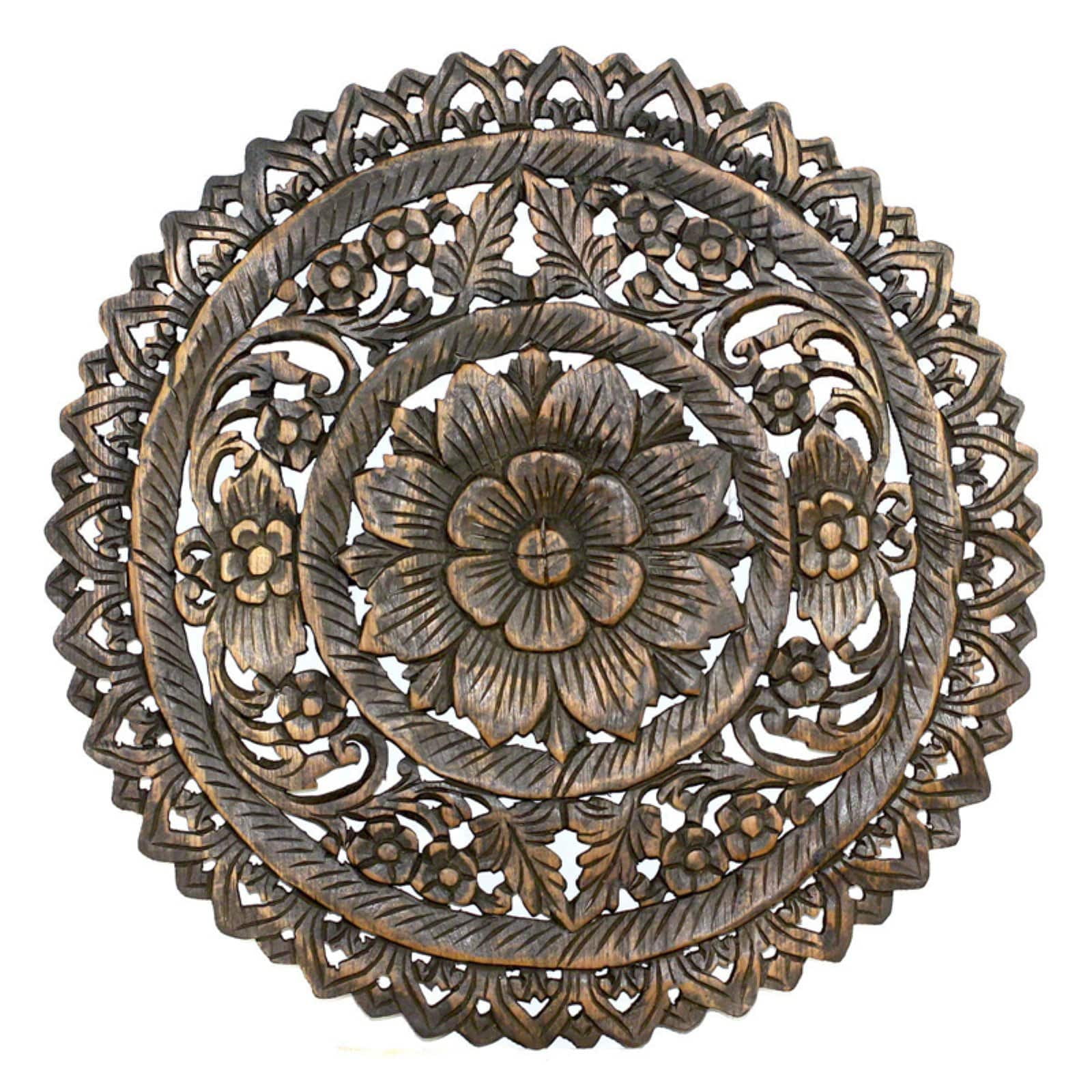 Haussmann® Teak Lotus Panel Inlay Round 60 cm H Black Stain Wax ...