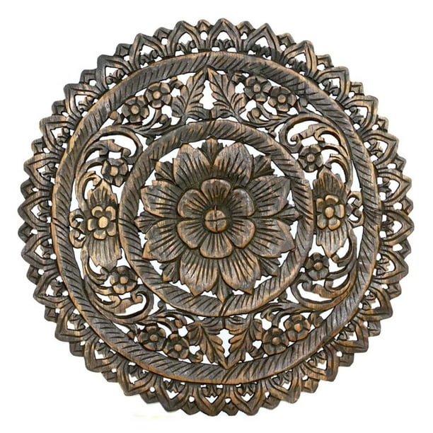 Haussmann® Teak Lotus Panel Inlay Round 60 cm H Black Stain Wax ...