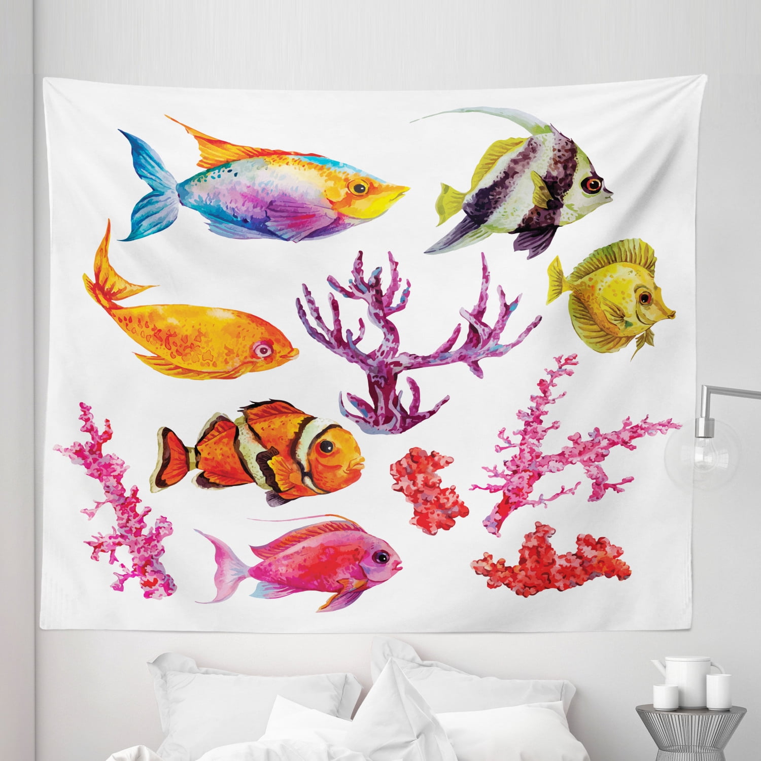 Fish Tapestry, Illustration of Exotic Fish Seaweed Coral Algae and ...
