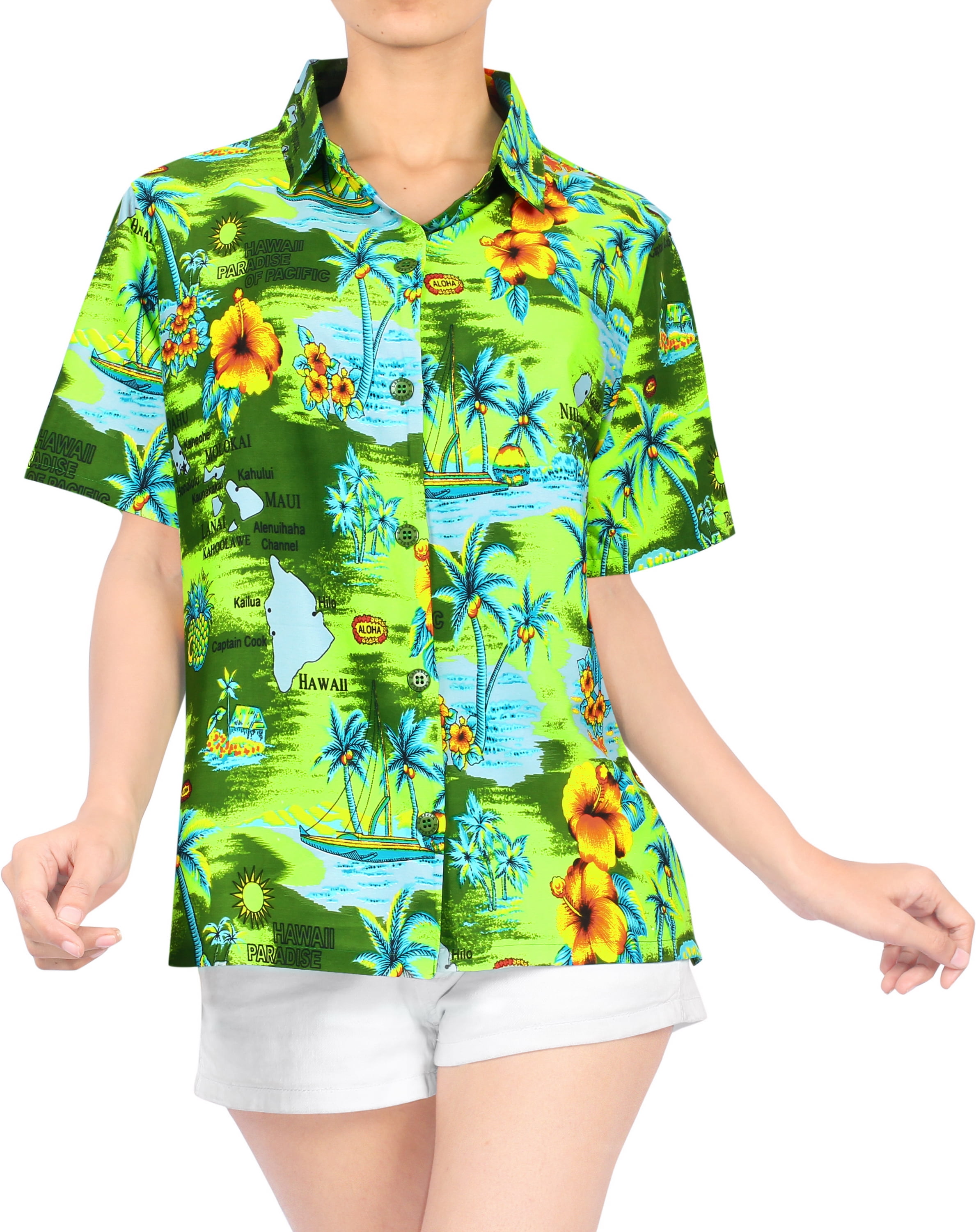 HAPPY BAY Women's Plus Size Casual Short Sleeve Aloha Hawaiian Shirt L ...