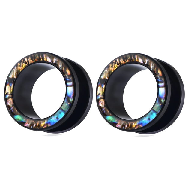 Pair Black Surgical Steel Abalone Shell Screw Fit Steel Tunnels Ear ...