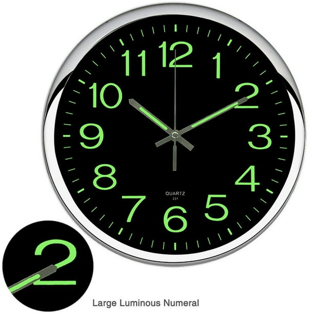 12'' Modern Large Luminous Quartz Wall Clock Non-ticking Glow In The ...