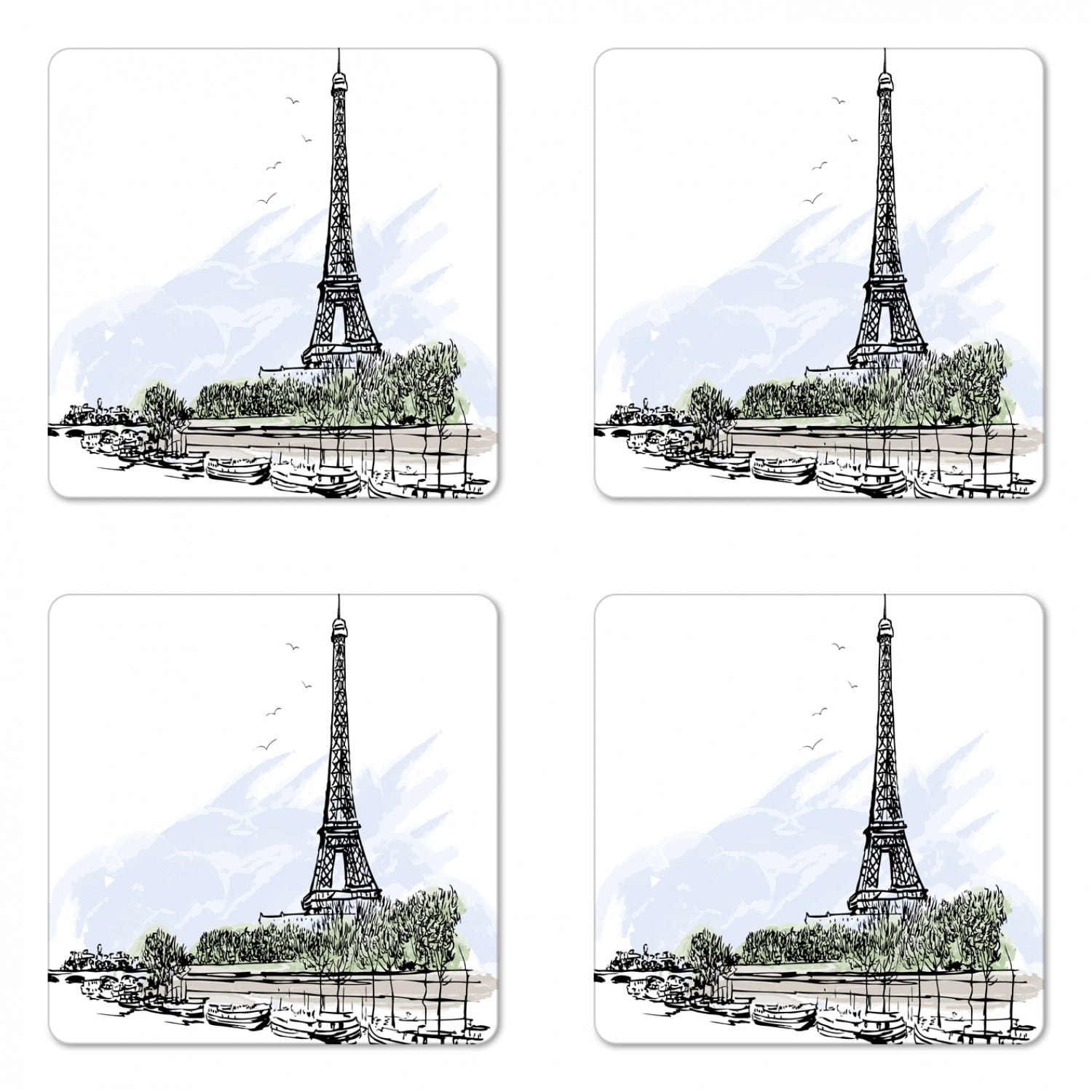 Paris Coaster Set of 4, Architecture Theme Illustration of Eiffel Tower ...