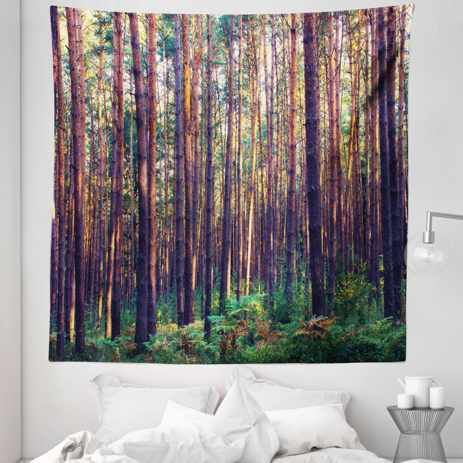 Nature Tapestry, Forest in the Morning Tall Trees Trunks Greenery ...