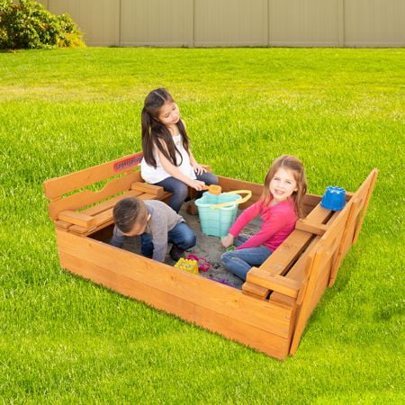 Sportspower 4.2’ x 4’ Rectangular Sandbox with 2 Wooden Bench and ...