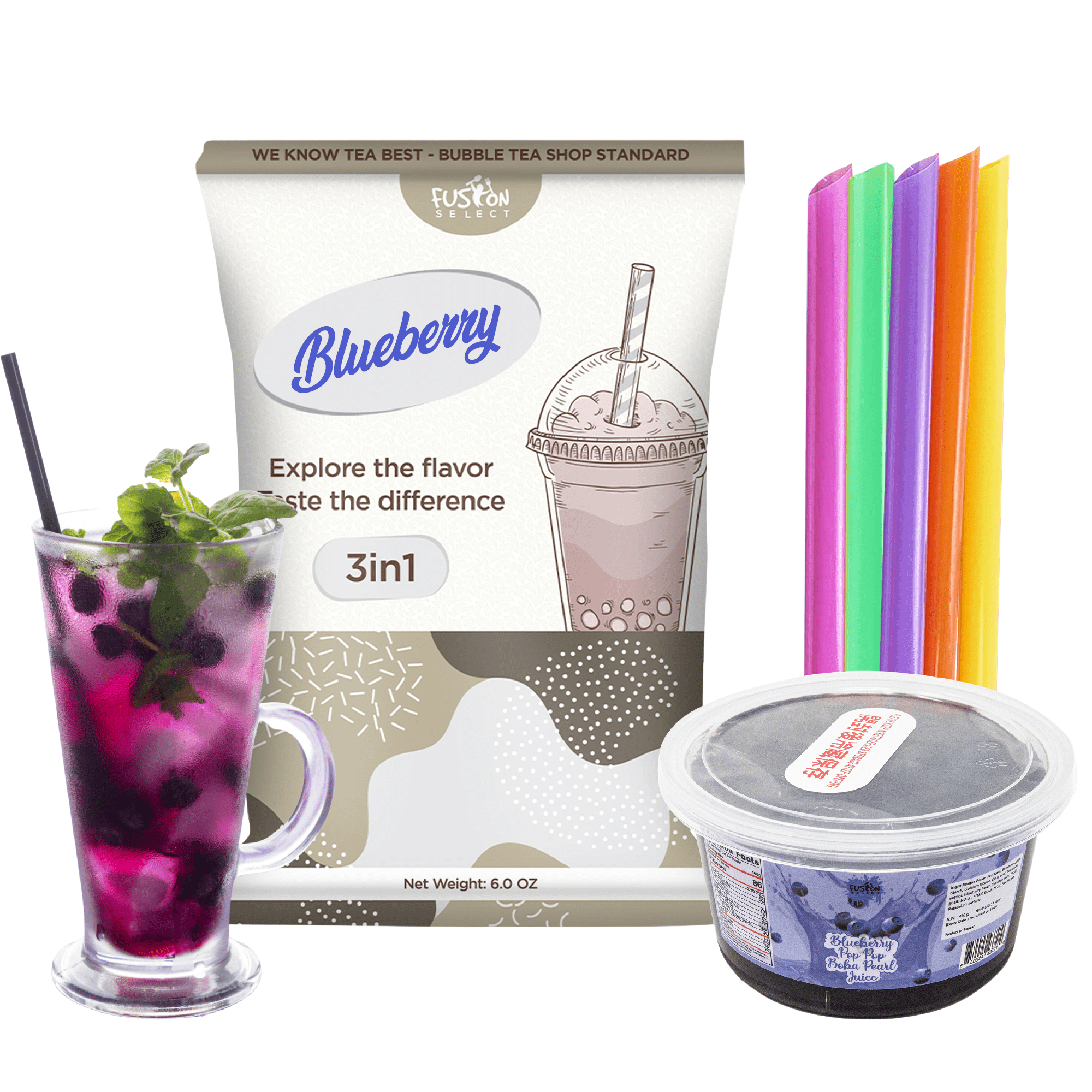 Fusion Select Ultimate Blueberry Bubble Tea DIY Kit – 3-in-1 Bubble Tea Powder, Flavored ...