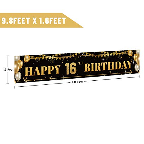Banner Grande para Decoración de Cumpleaños Número 16 Negro y Dorado ...