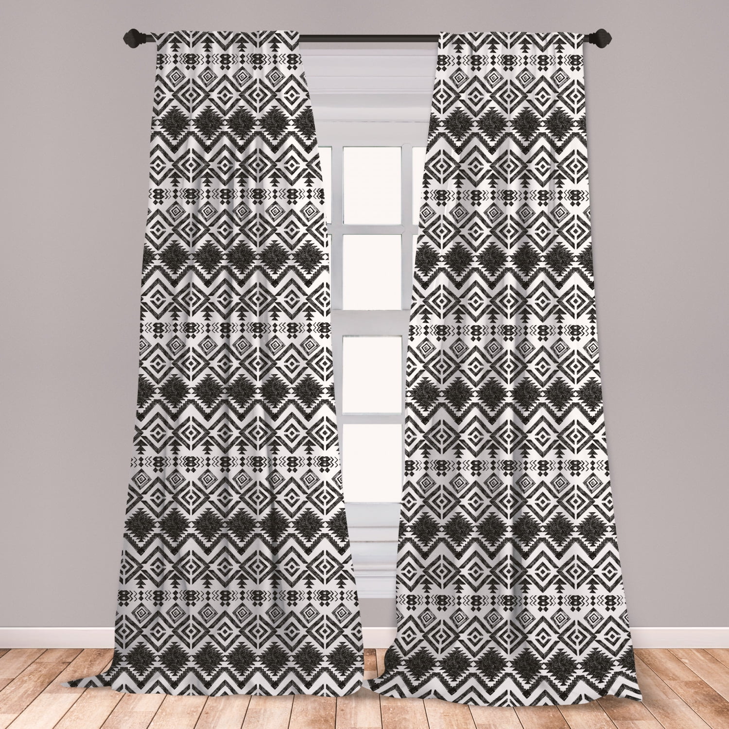 Geometric Curtains 2 Panels Set Monochrome Hand Drawn Tribal Pattern