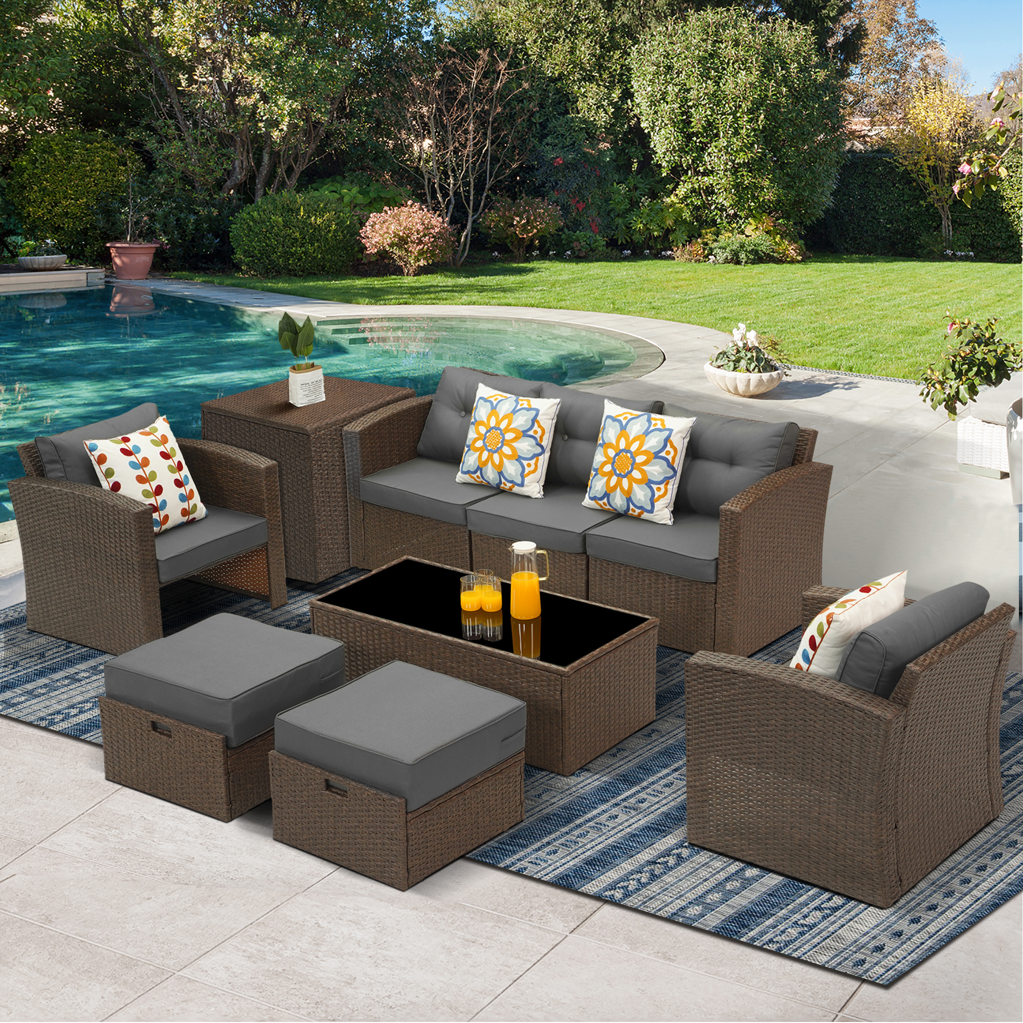 Royalcraft 9 Pieces Outdoor Furniture Set Patio Rattan Wicker Sectional ...