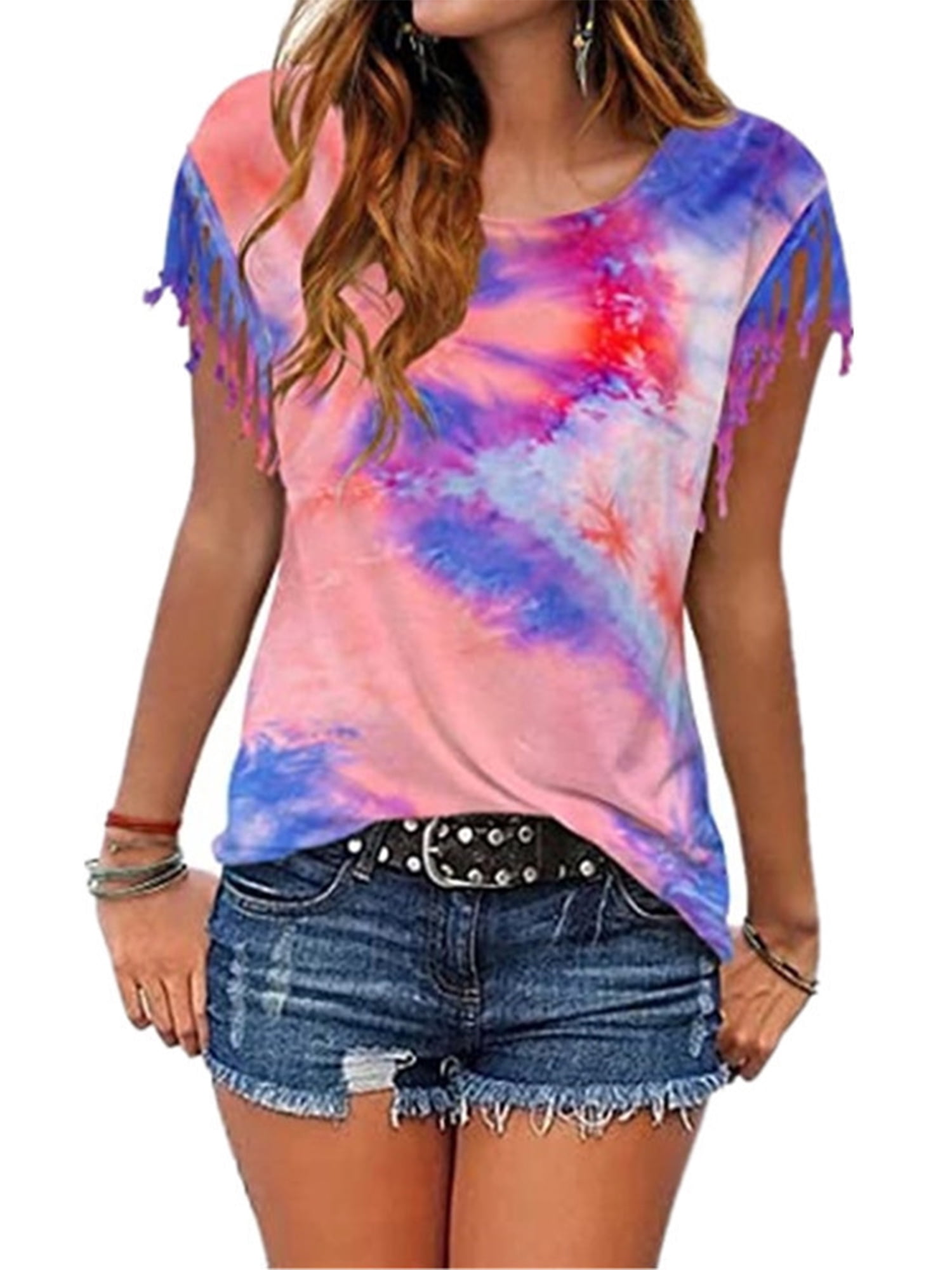 Sexy Dance Plus Size Women Tie Dye Printed Tops Short Sleeve Casual T