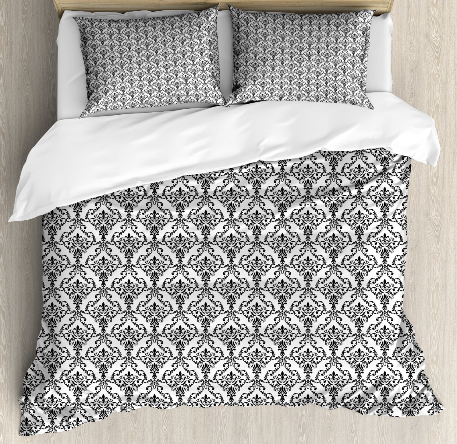 Damask Duvet Cover Set King Size, Monochrome Surreal Foliage Pattern ...