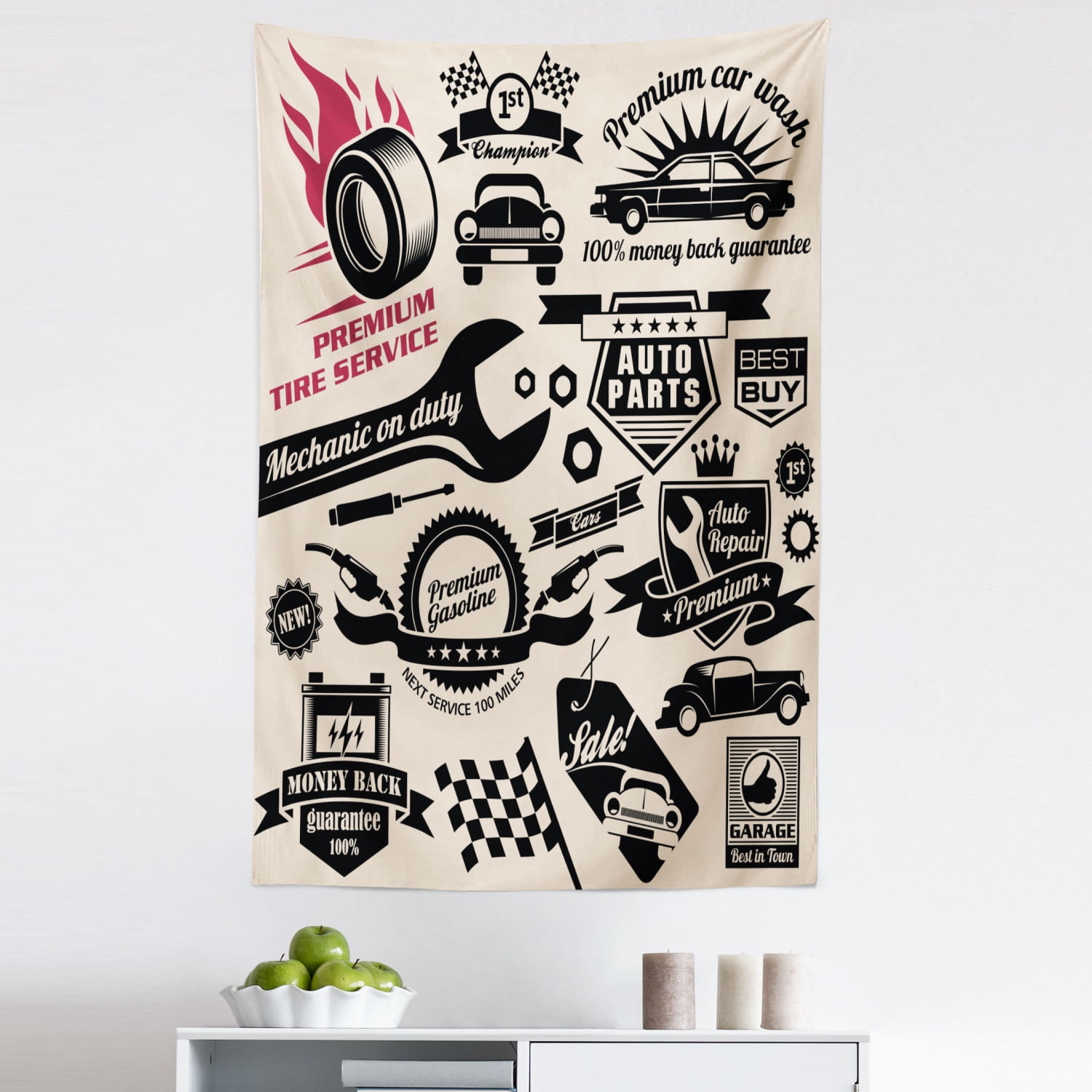 Retro Tapestry, Car Repair Shop Logos Monochrome Car Silhouettes Best ...