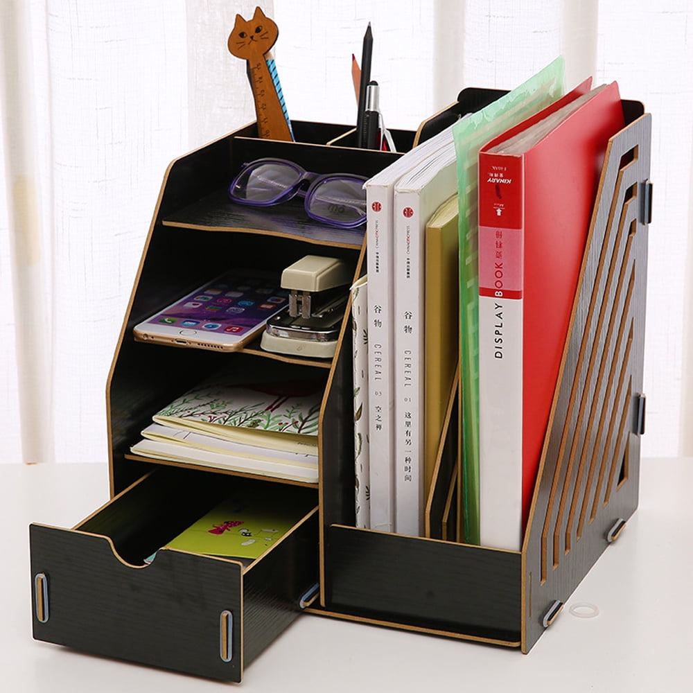 Desktop Organizer Office Storage Rack with Pen Holder Adjustable Wood ...