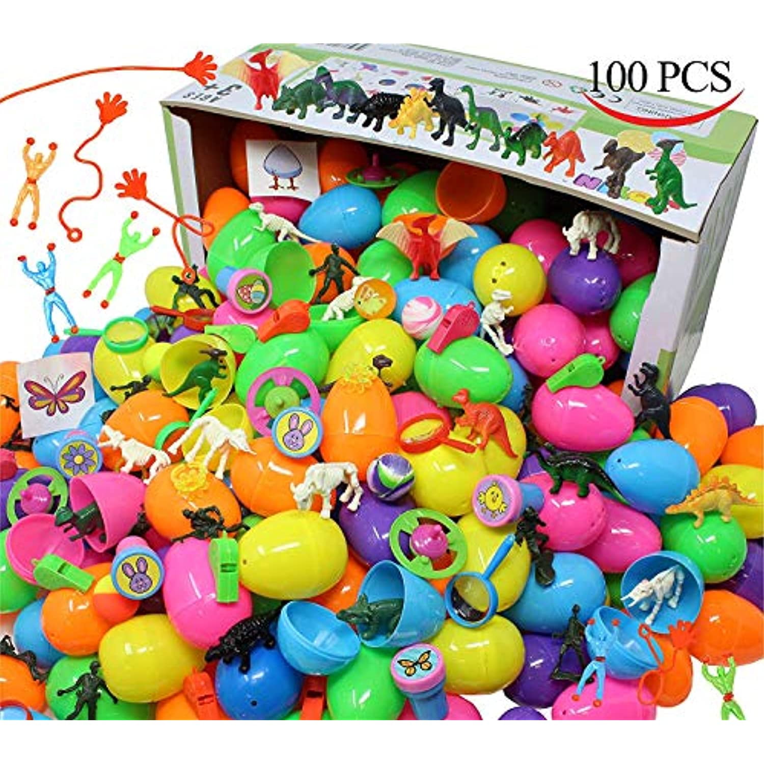 Lverse 100 Pieces Toy Filled Hinged 2 3/8" Plastic Easter Eggs Bright ...