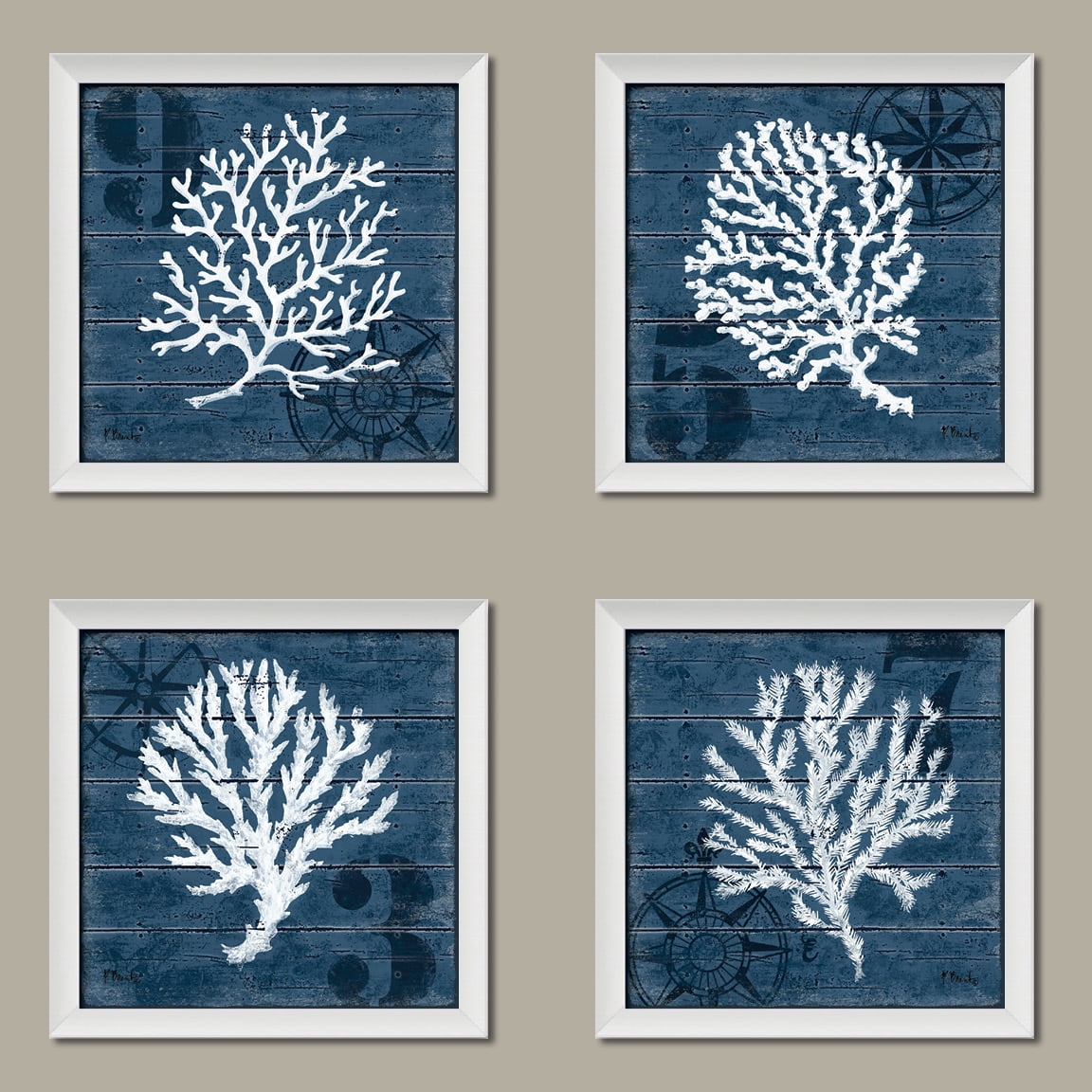 4 Indigo Blue Coral Nautical Signs on a Wood Print Background; Four 12 ...