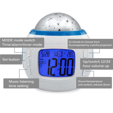 Music Alarm Clock Starry Sky Projection Alarm Clock Colorful Light ...