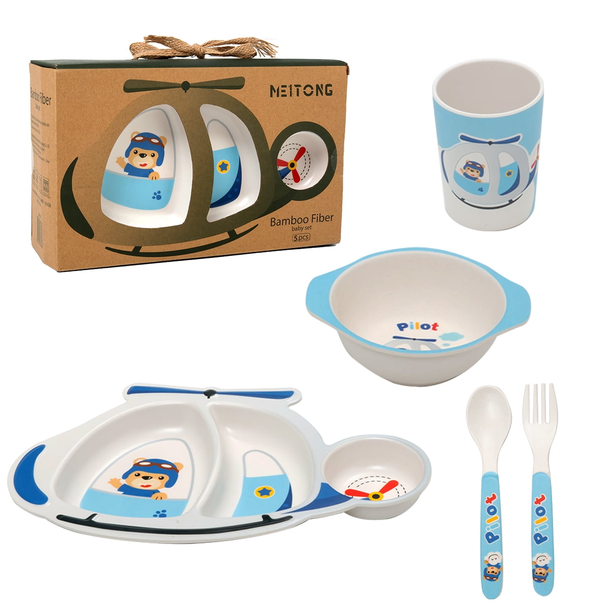 WiseWater 5 Piece Kids Dinnerware Set, Bamboo Fiber Kid Plates and ...