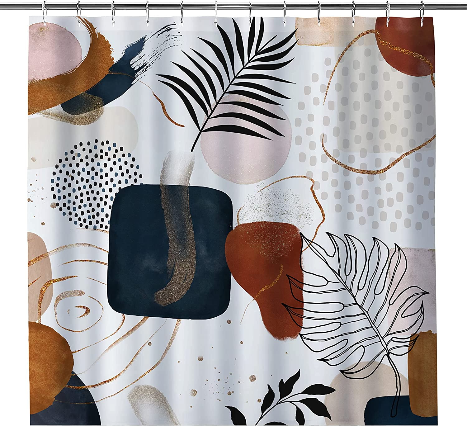 Abstract Shower Curtain Boho Mid Century Navy Blue Gold Colorful Modern Geometric Leaves Plant ...