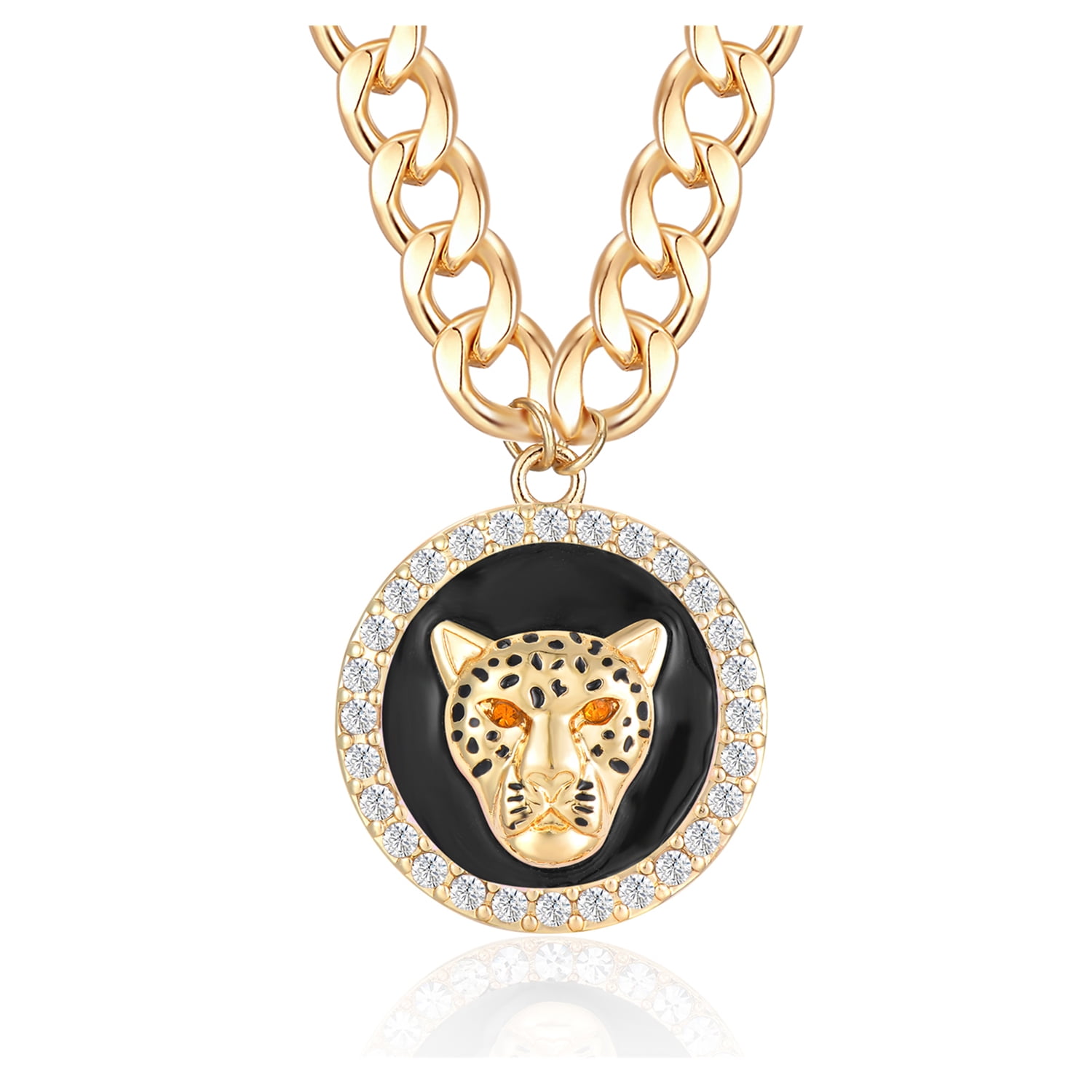 Gold Hip Hop Crystal Leopard Head Pendant Necklace with Enamel Print ...